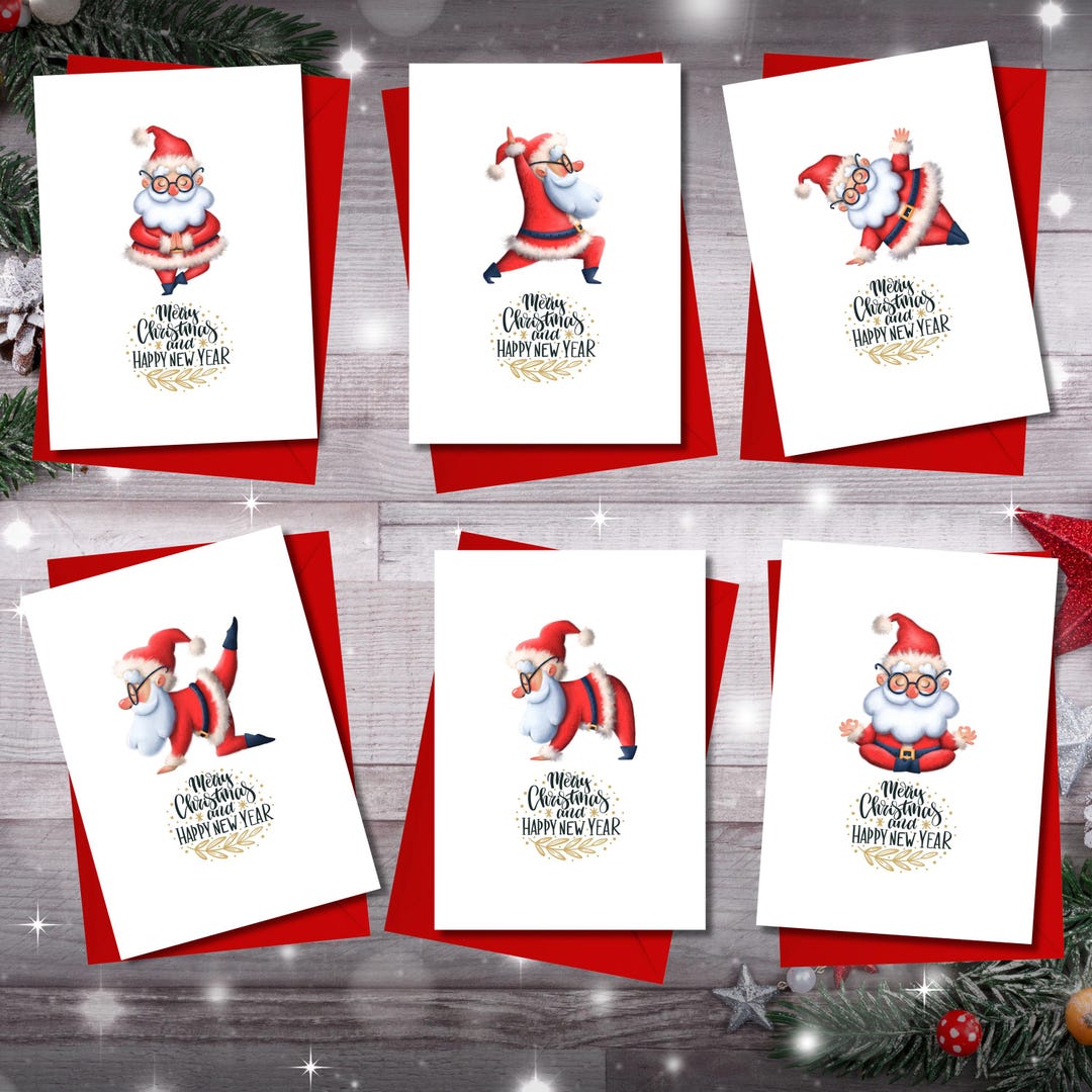 PACK OF 6 Santa Yoga Poses Christmas Card Set, Cute and Fun Christmas ...