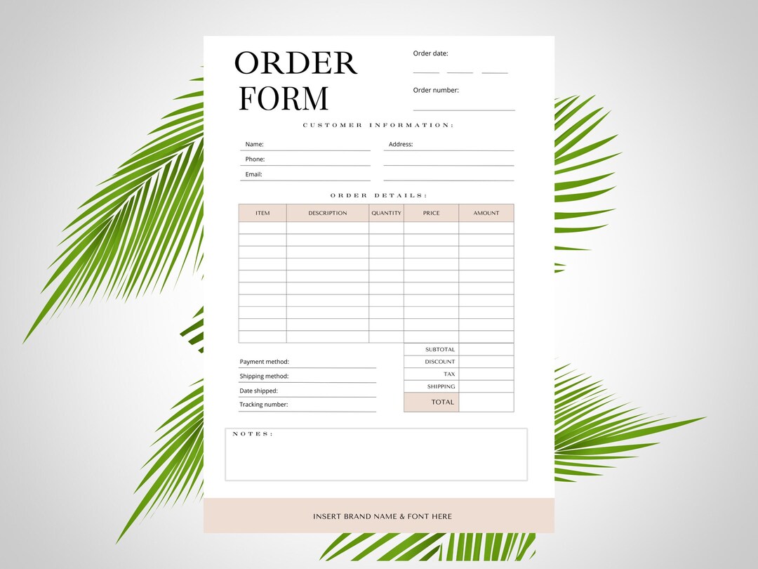 Editable Order Form Printable Template Order Receipt Tracker Customer ...