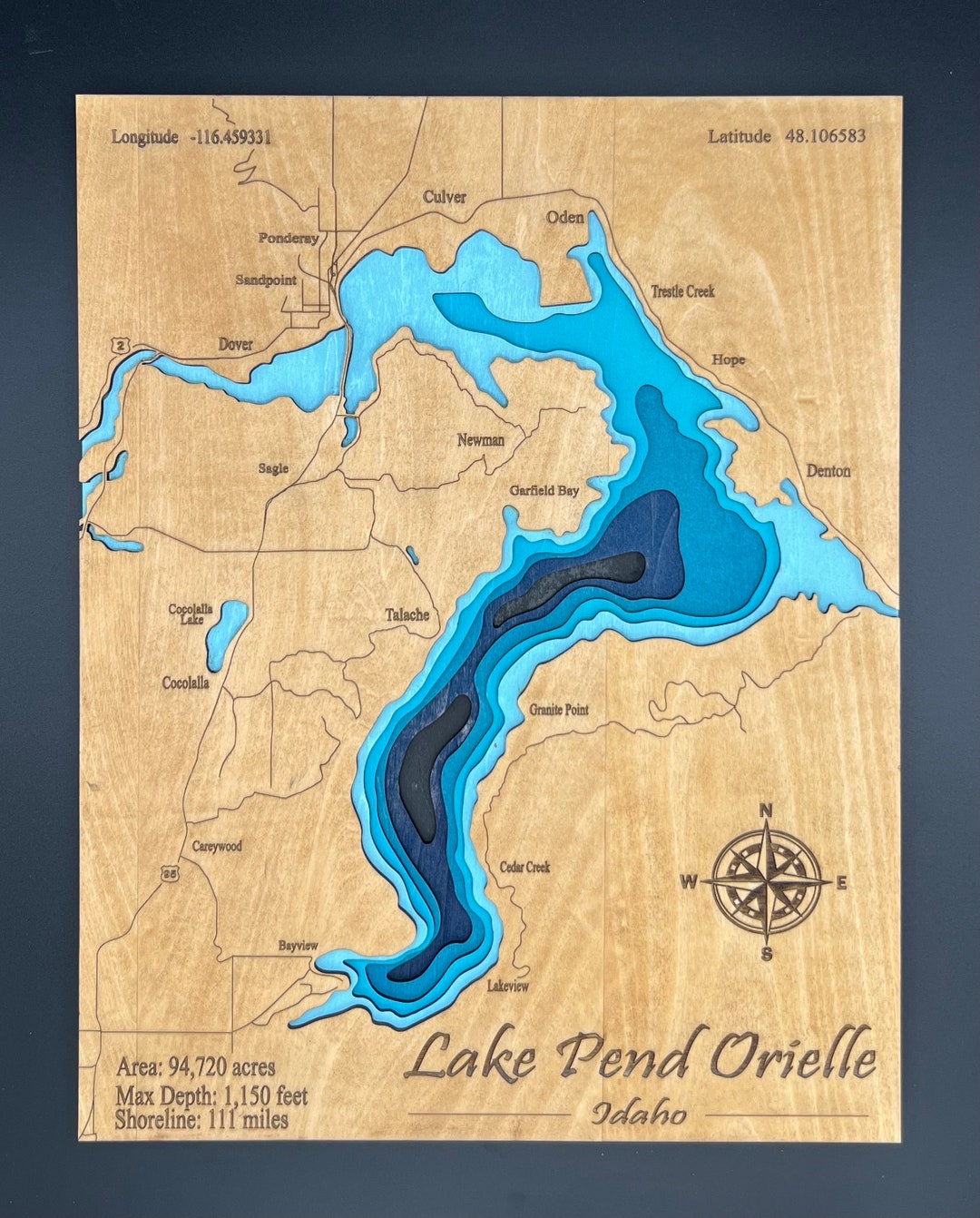 6 Layer Wood Lake Pend Orielle ID Map - Etsy