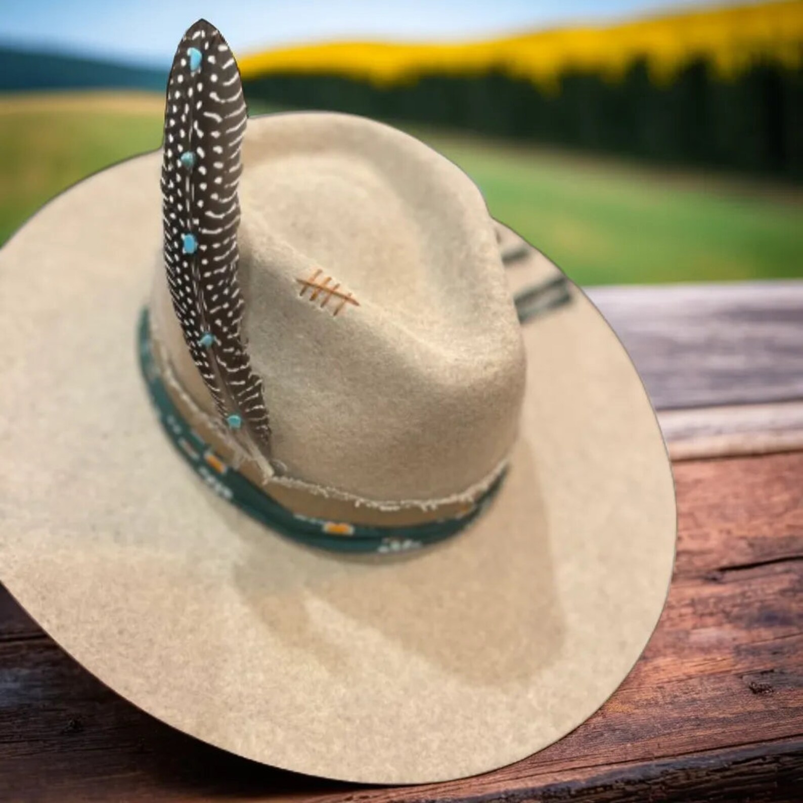 Rustic Charm Tan Wool Rancher Hat With Turquoise Feather - Etsy
