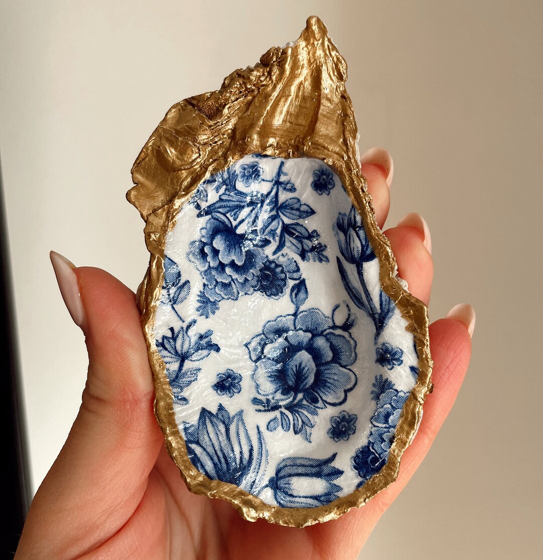 Blue Flower Print Oyster Shell, Trinket Dish, Ring Dish, Jewelry Dish ...
