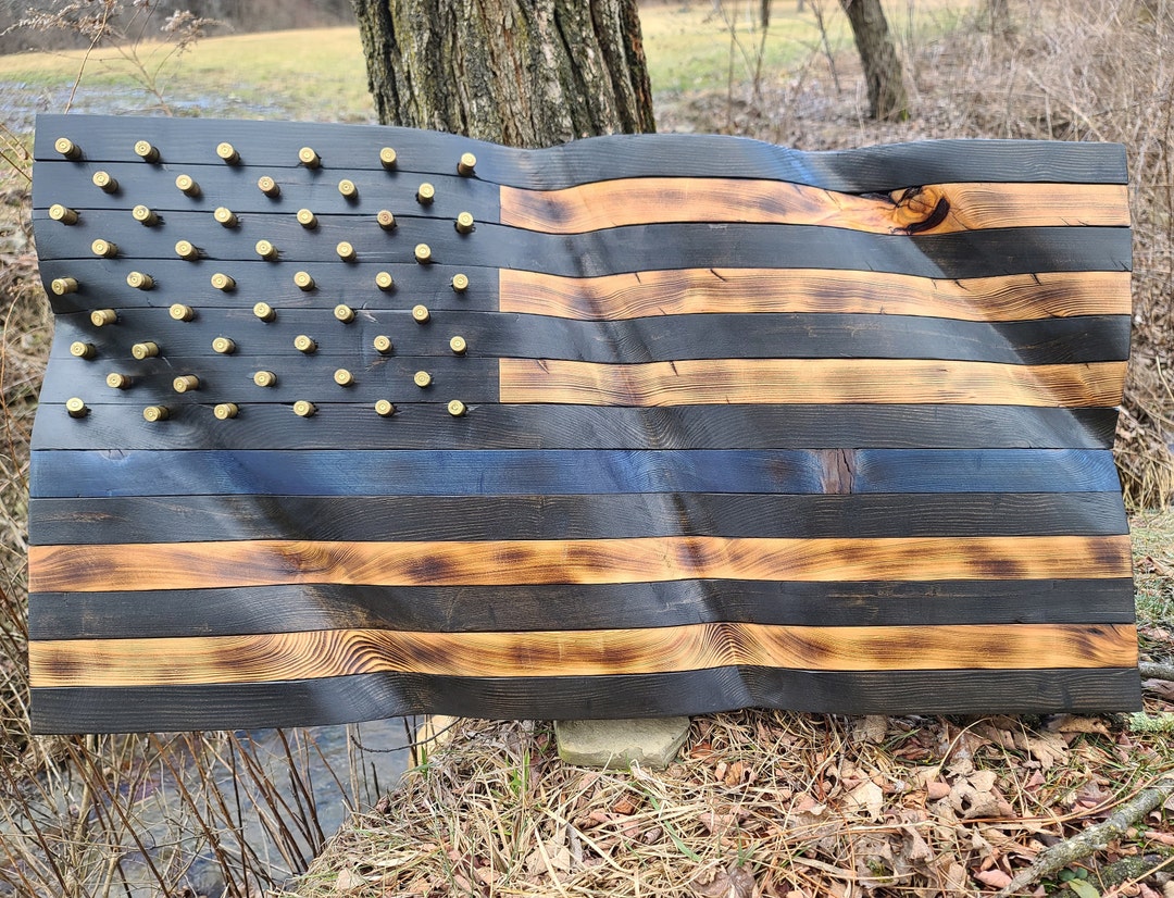 Hand Carved Blue Line Wooden Flag Reclaimed Lumber Wood Burned Ammo ...