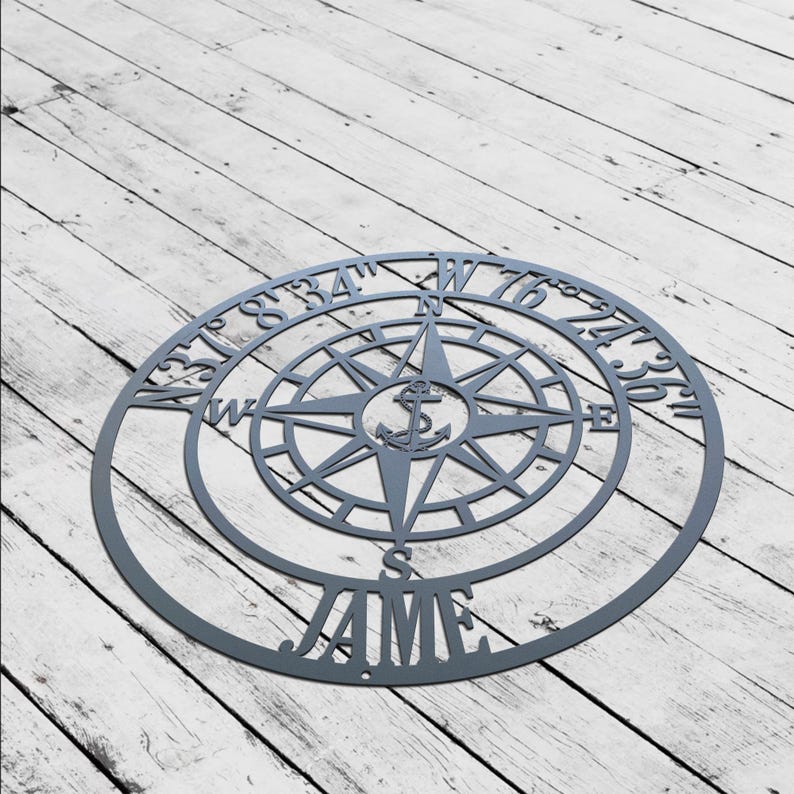 Personalized Anchor Compass Metal Wall Art, Custom Coordinates Sign ...
