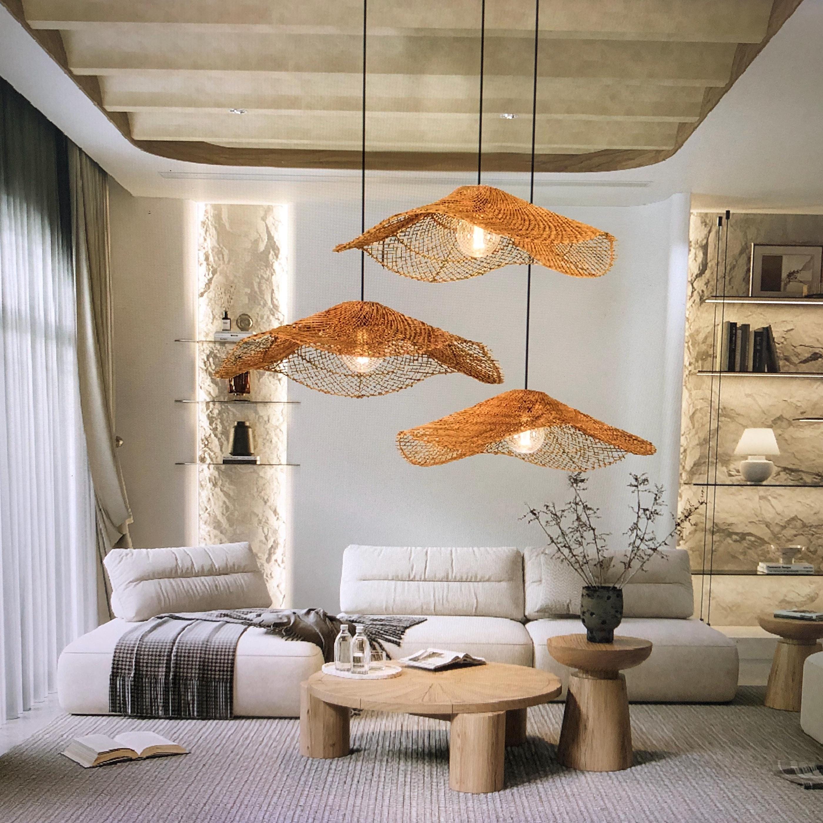 Vintage Rattan Straw Hat Chandelier, Rattan Decor Flower Lamp Pendant ...