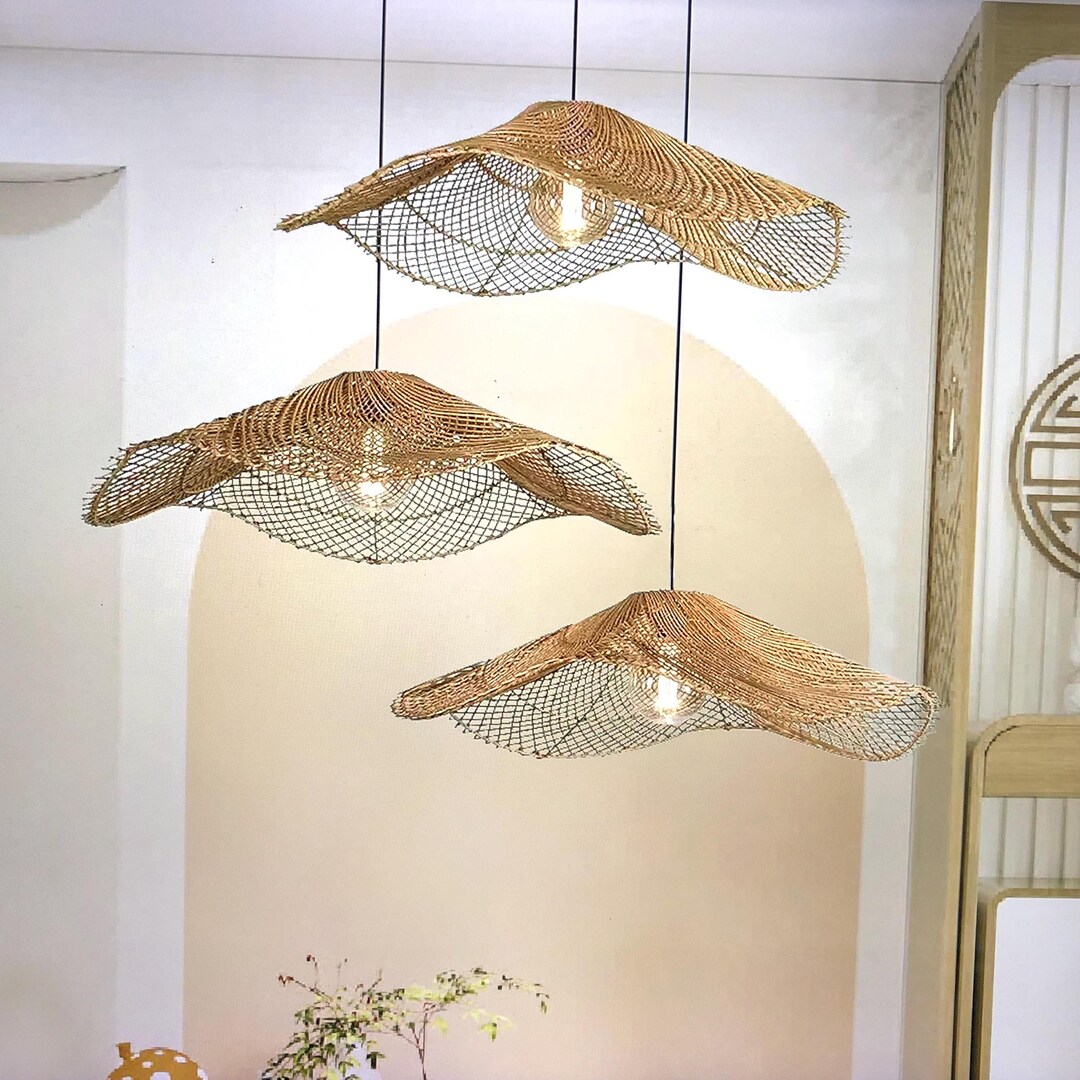 Vintage Rattan Straw Hat Chandelier, Rattan Decor Flower Lamp Pendant ...