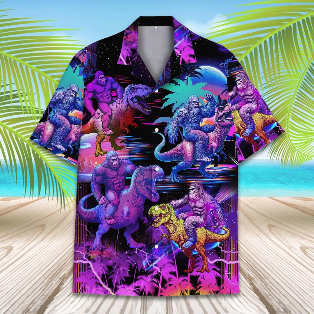 Neon Bigfoot Riding Dinosaur Hawaiian Shirt Men Women Youth, Retro ...