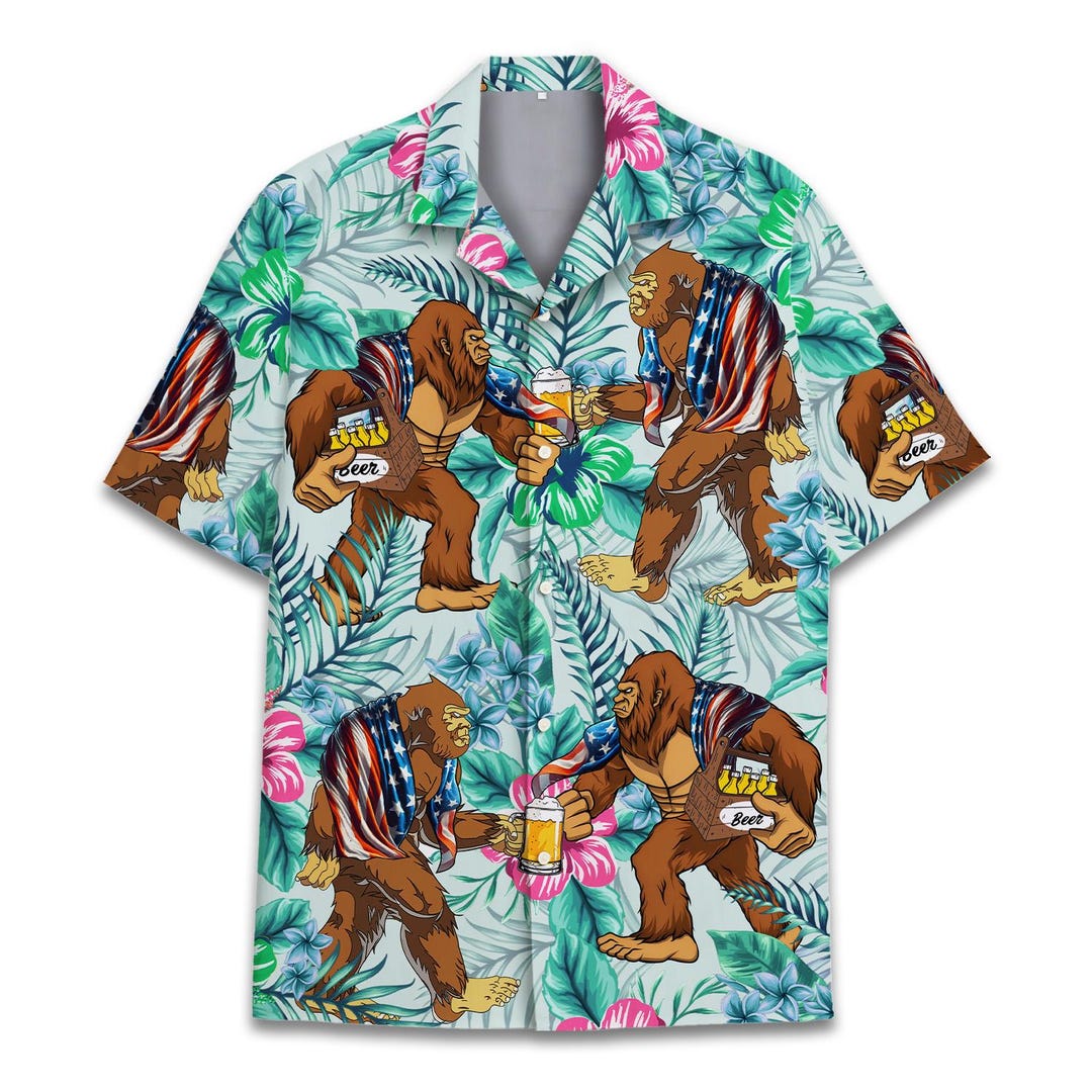 Bigfoot American Flag Hawaiian Shirt Men Women, Sasquatch Bigfoot Hawaiian Shirt Summer Beach ...