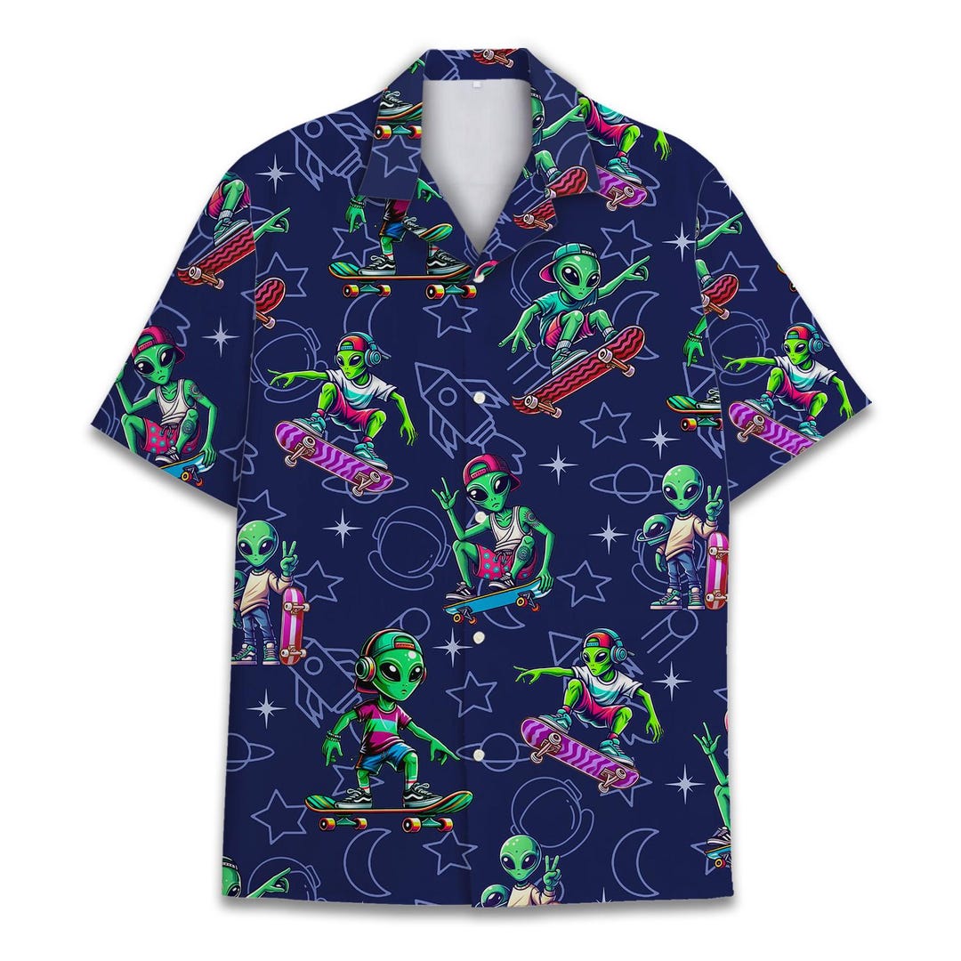 Galaxy Alien Hawaiian Shirt for Men Women, Alien Skateboard Button Down ...