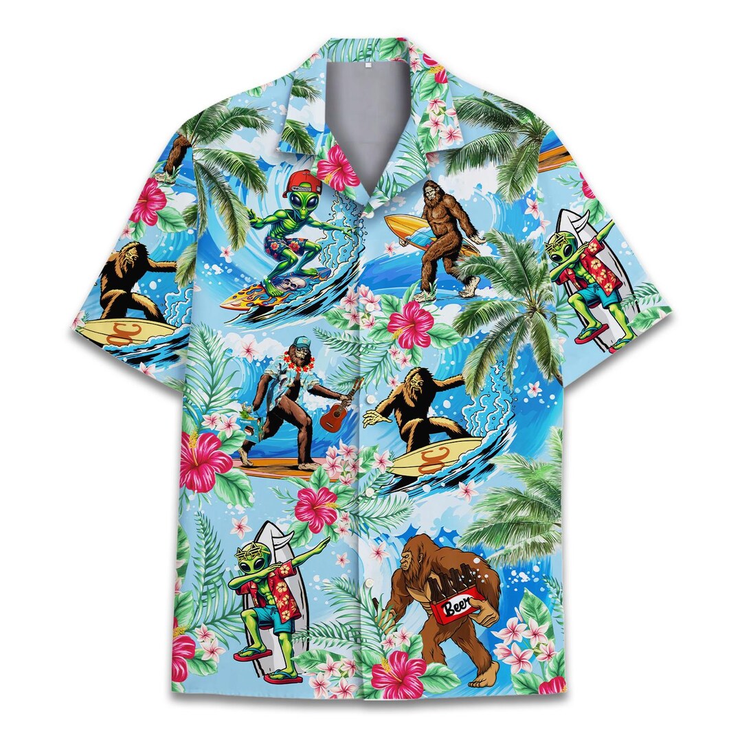 Tropical Bigfoot and Alien Hawaiian Shirt Men Women Youth, Bigfoot ...