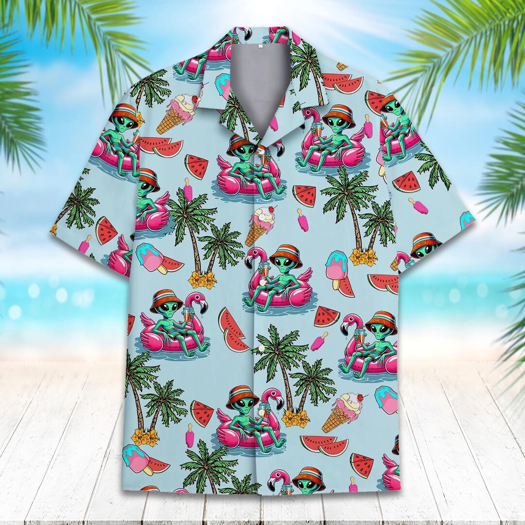 Tropical Alien Flamingo Hawaiian Shirt Men Women Youth, Funny Alien ...