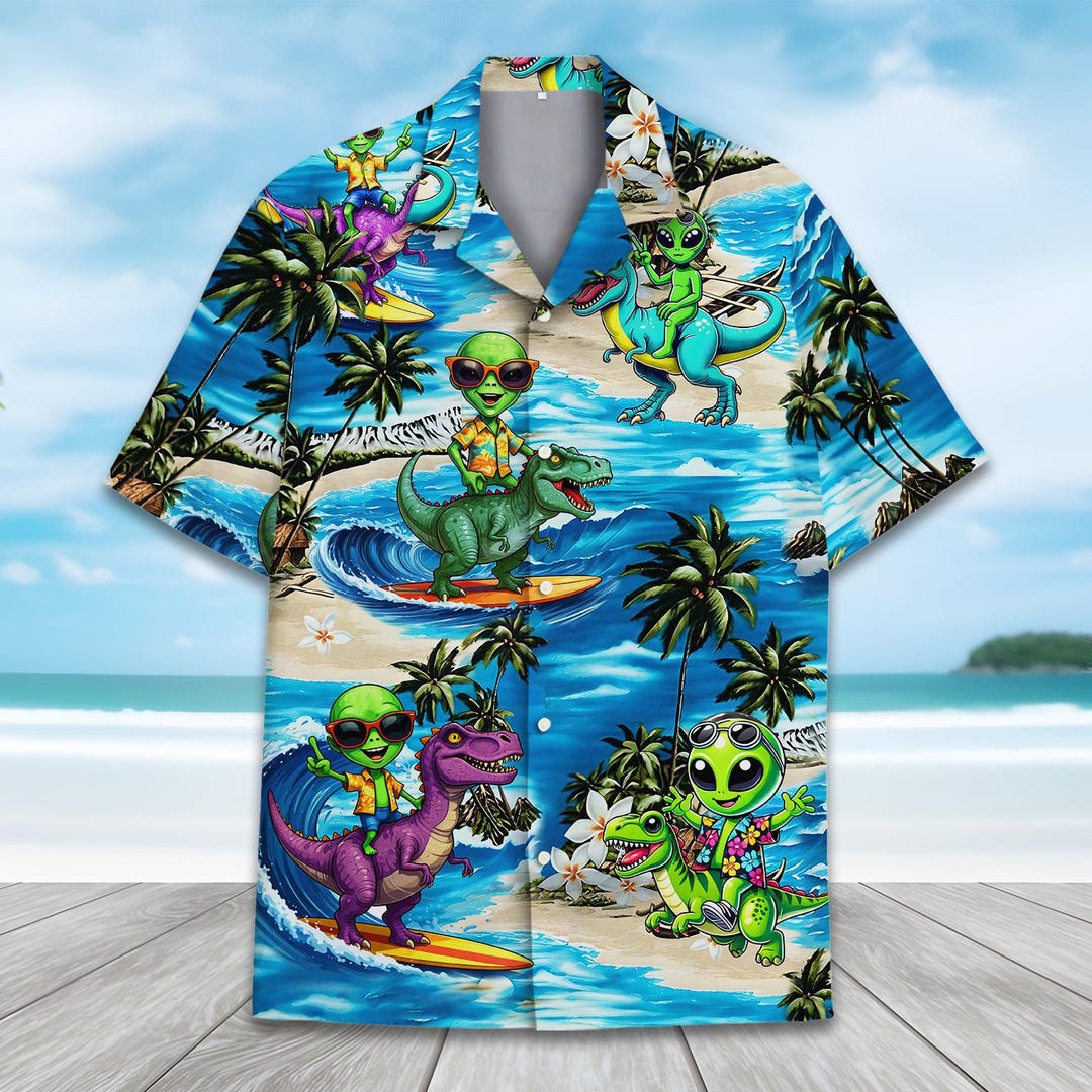 Dinosaur and Alien Surfing Hawaiian Shirt Men Kid Youth, Tropical Beach ...