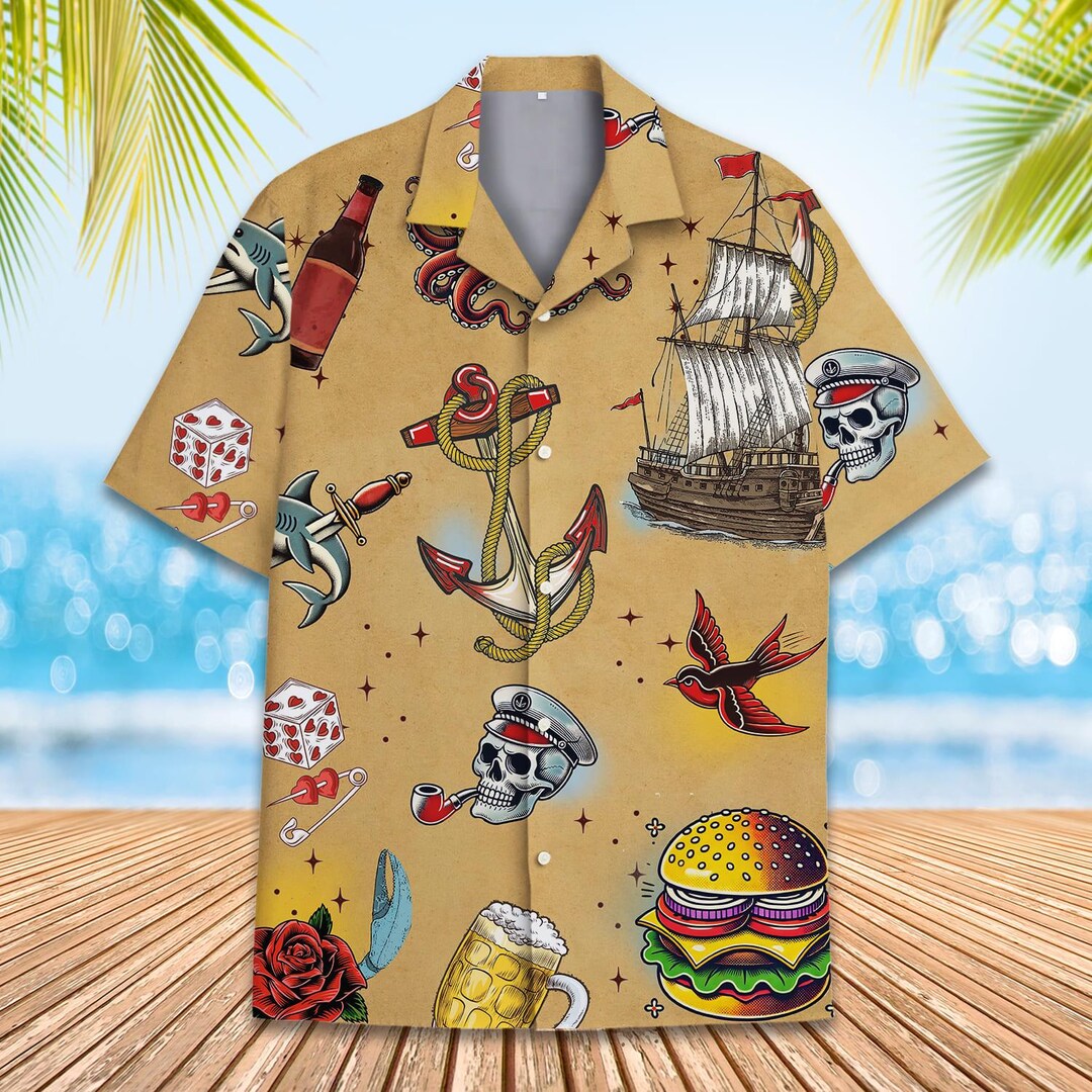 Vintage Nautical Hawaiian Shirt for Men Women, Retro Tattoo Style With ...