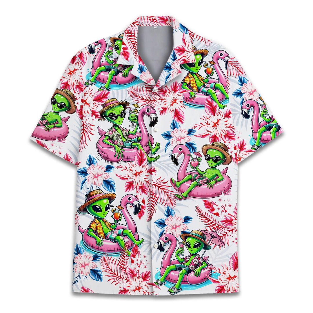 Tropical Alien Hawaiian Shirt for Men Women, Alien Flamingo Button Down ...