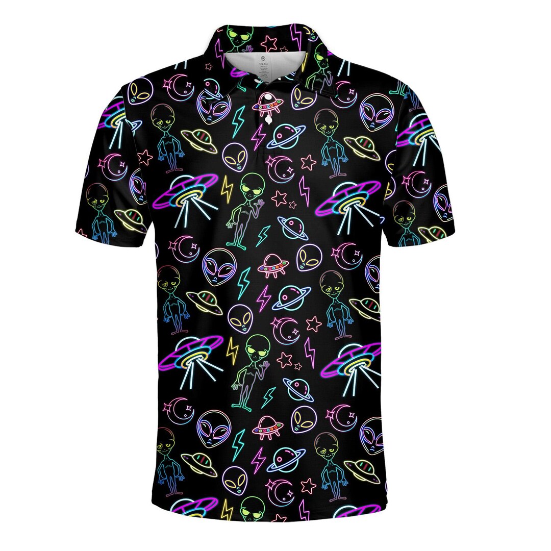 Neon Alien and UFO Polo Shirt, Colorful Space Themed Shirt, Fun and ...