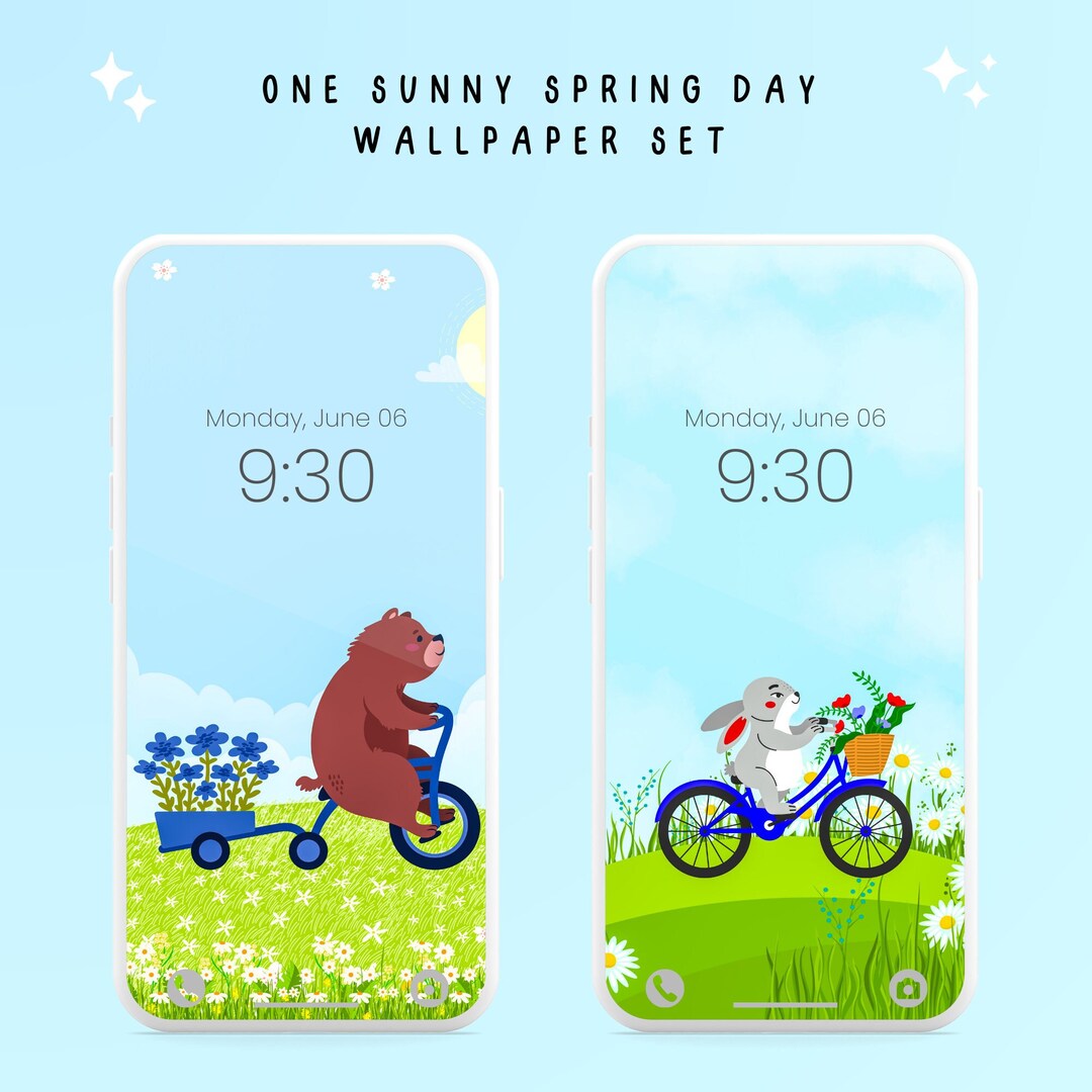 One Sunny Spring Day Wallpaper Set Cute Bunny Bear Phone Background - Etsy