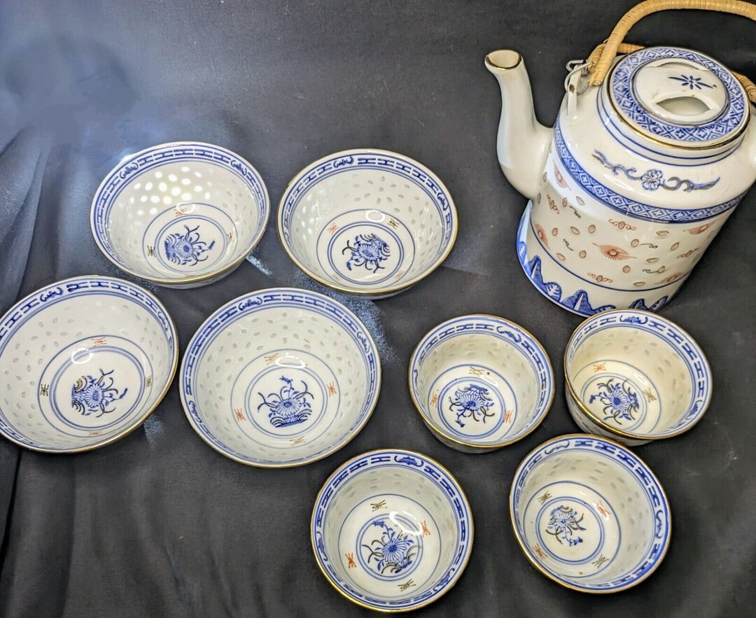 Handmade Chinese Tea Set Red Rice Eye Design Gold Trim pot, Cups, Bowls ...