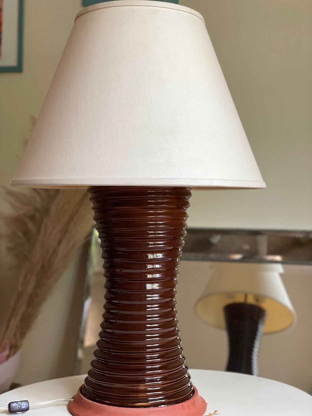 2000s Christopher Spitzmiller Ribbed Hourglass Lamp in Dark Brown With ...