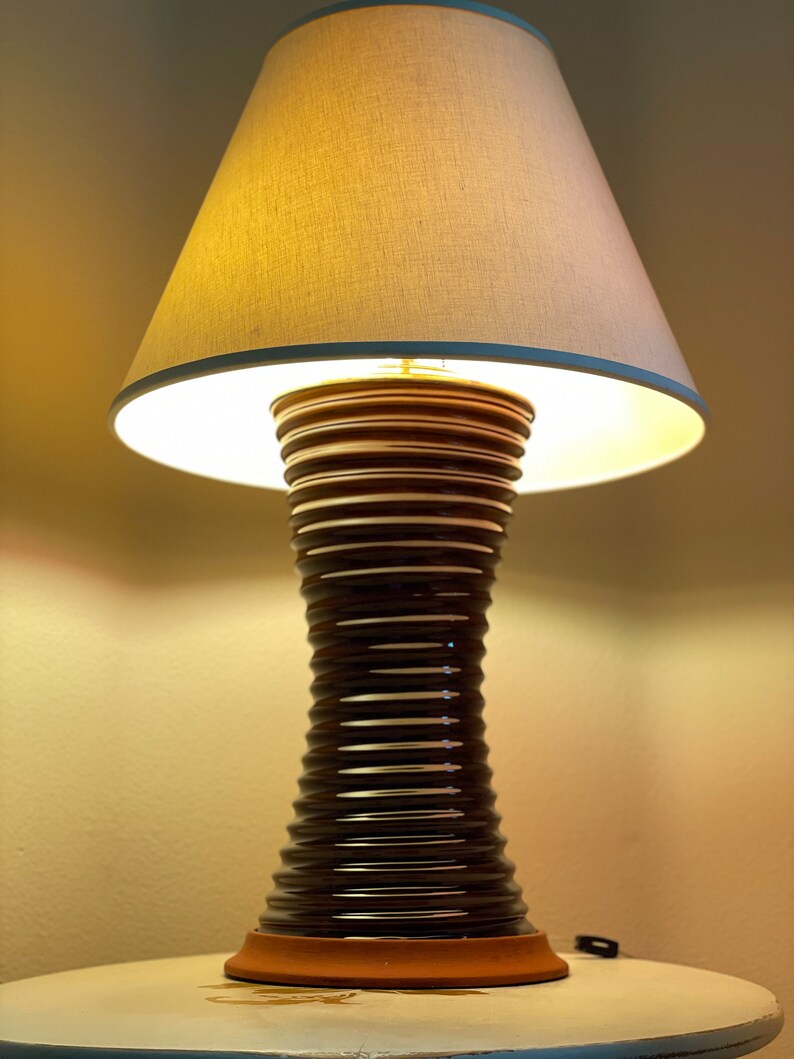 2000s Christopher Spitzmiller Ribbed Hourglass Lamp in Dark Brown With ...