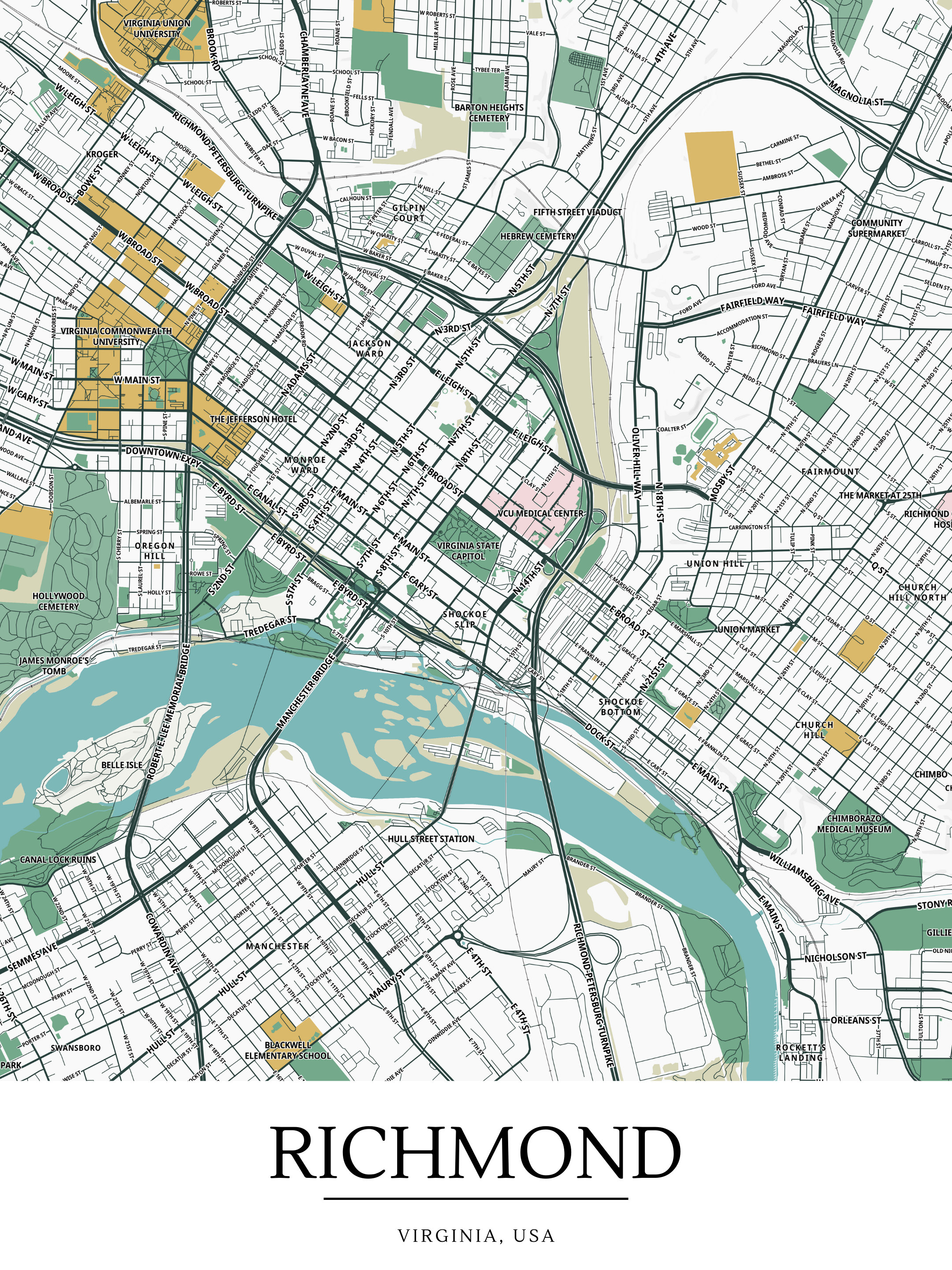 Richmond Map Print, Street Names Richmond Print, Printable Map of ...
