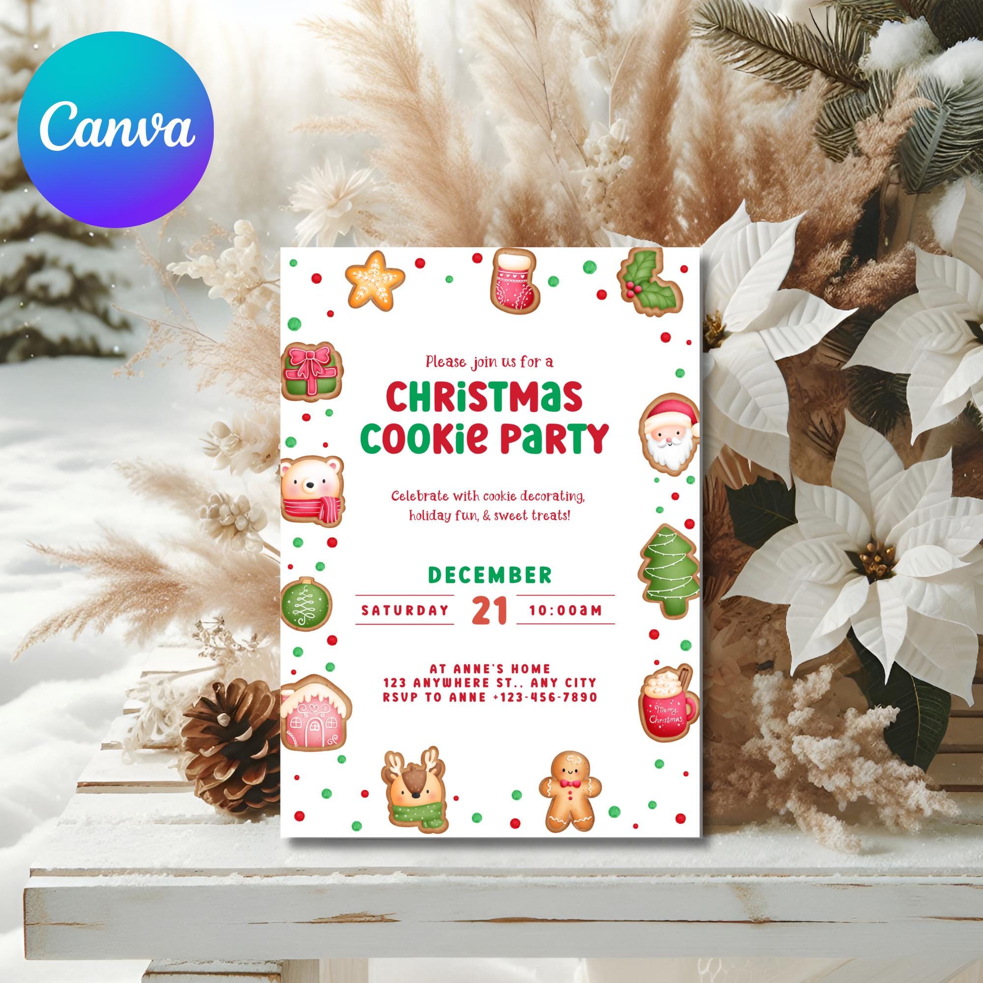 Editable Christmas Cookie Party Invitation, Canva Template, FREE 2 ...