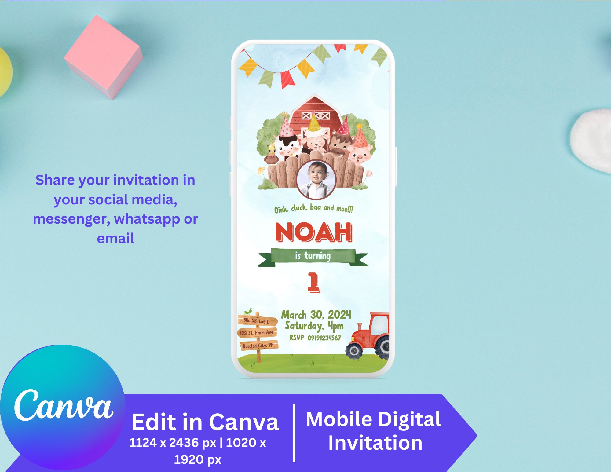 Editable Farm Birthday Party Invitation Template With Photo, Farm ...