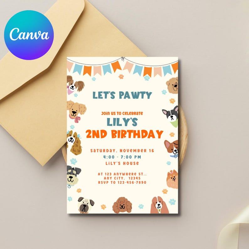 Editable Dog Birthday Invitation Canva Digital Invite Dog Lovers ...