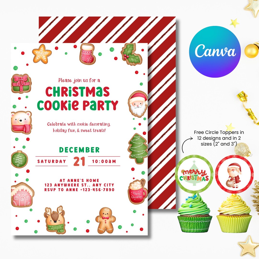 Editable Christmas Cookie Party Invitation, Canva Template, FREE 2 ...