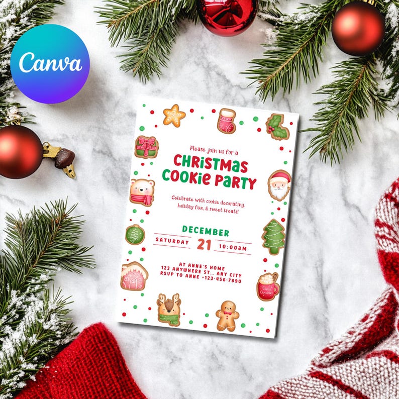 Editable Christmas Cookie Party Invitation, Canva Template, FREE 2 ...