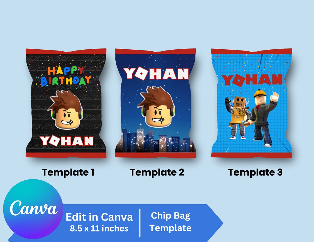 Set of 3 Editable Roblox Chip Bag Templates for Birthdays, Editable ...