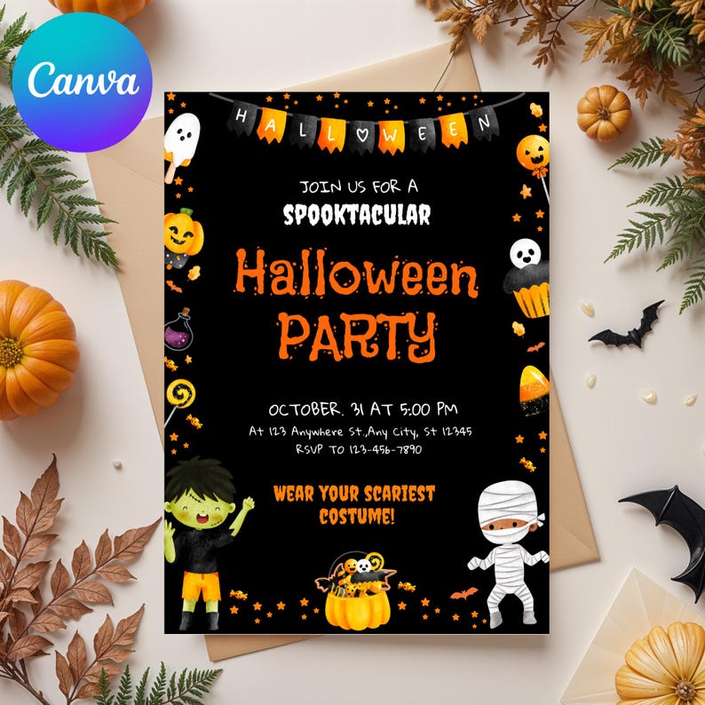 Editable Halloween Party Invitation, Canva Template, Digital Download ...