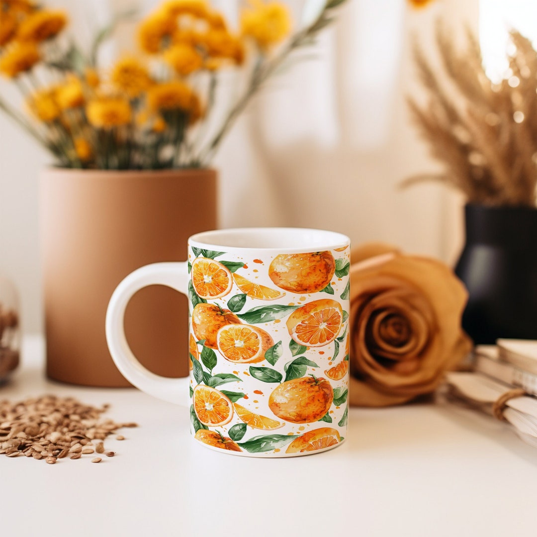 Watercolor Orange Pattern Coffee Mug, Orange Blossom Cup, Natural ...