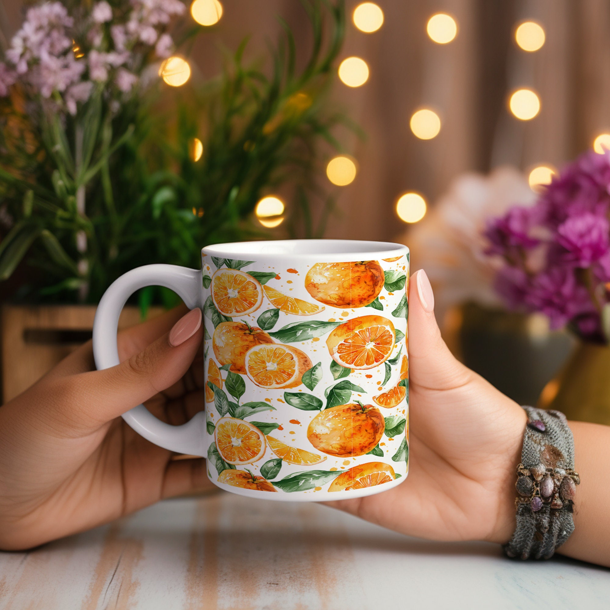 Watercolor Orange Pattern Coffee Mug, Orange Blossom Cup, Natural ...