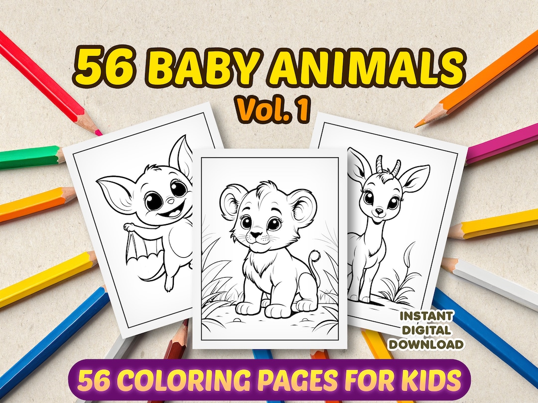 56 Cute Baby Animals Coloring Pages for Kids Toddlers, Farm Forest Sea ...