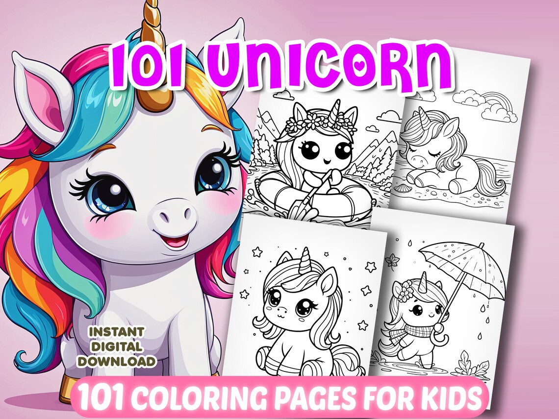101 Cute Unicorn Coloring Pages | Kawaii Rainbow Fantasy Book PDF ...