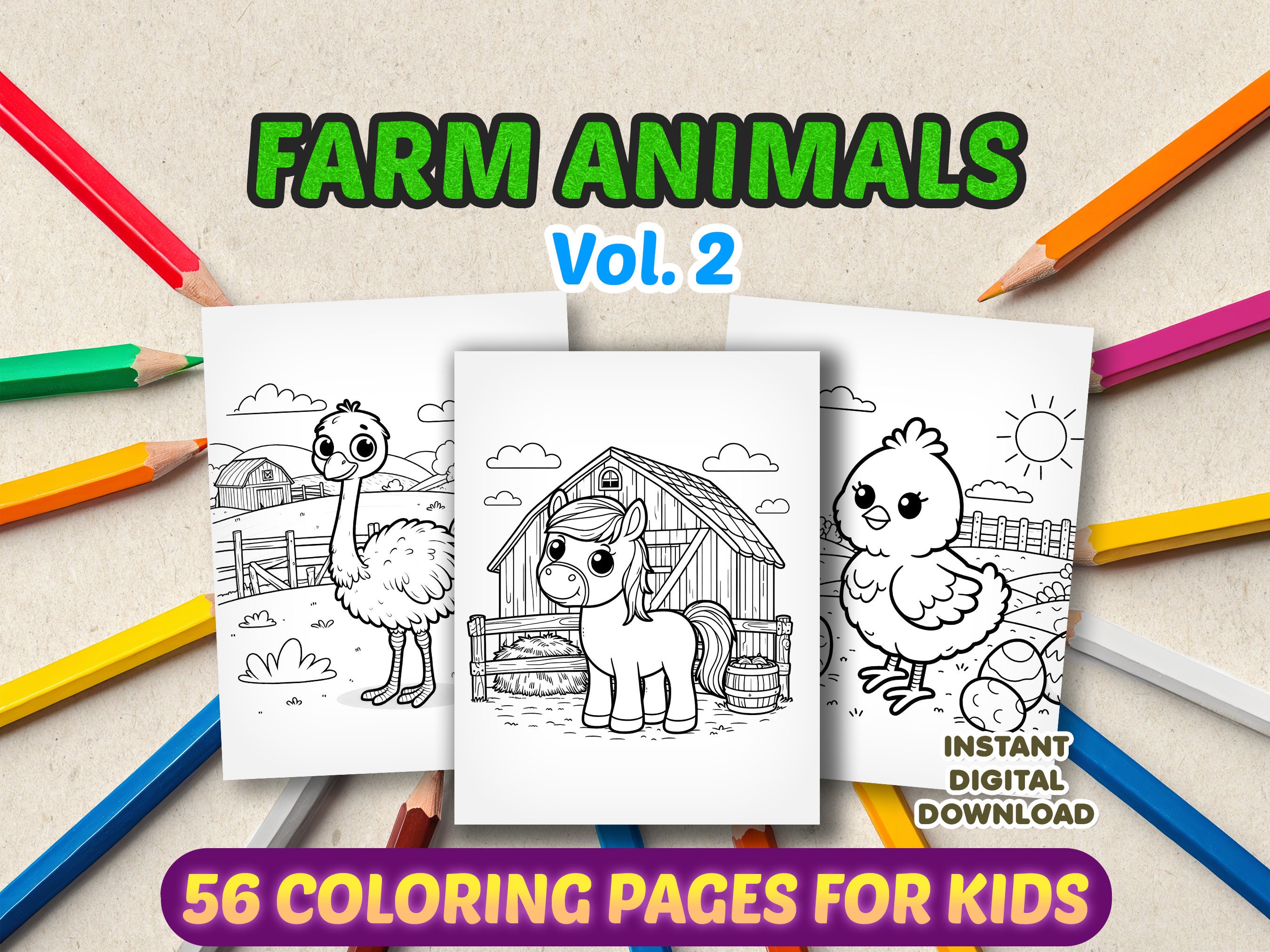 Farm Animal Coloring Pages for Kids Toddlers Preschoolers, Educational ...