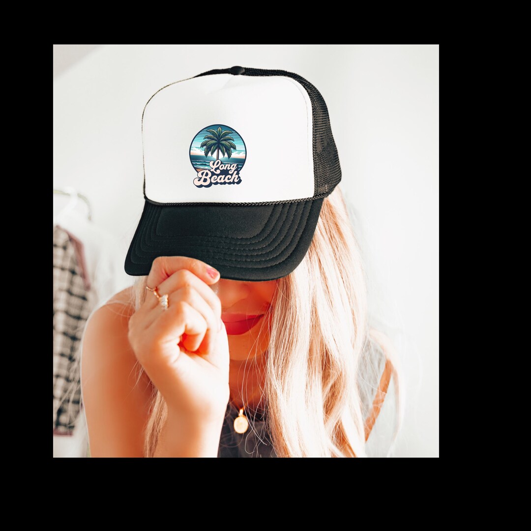 Long Beach Retro Trucker Cap, Unisex Palm Tree Logo Hat, Classic Style ...