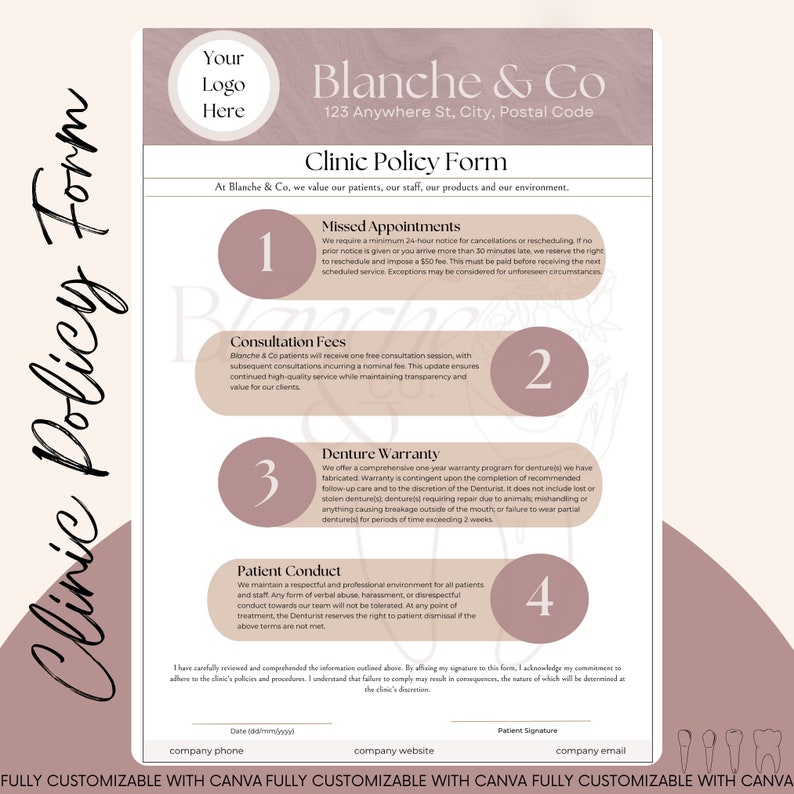Dental Clinic Policy Form Fully Customizable Canva Template. - Etsy