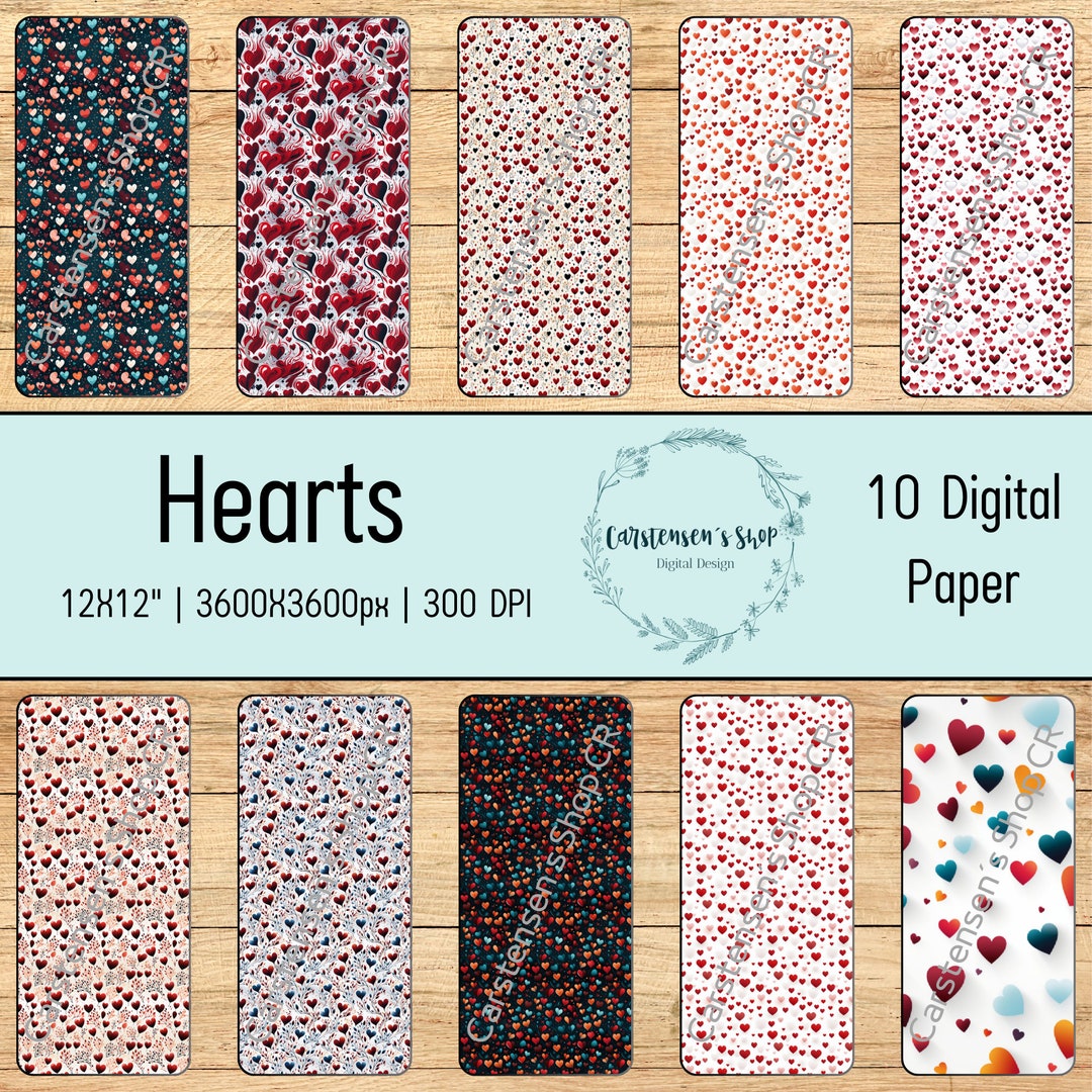 HEARTS / 10 Seamless Patterns, Hearts Digital Paper, Hearts Repetitive ...