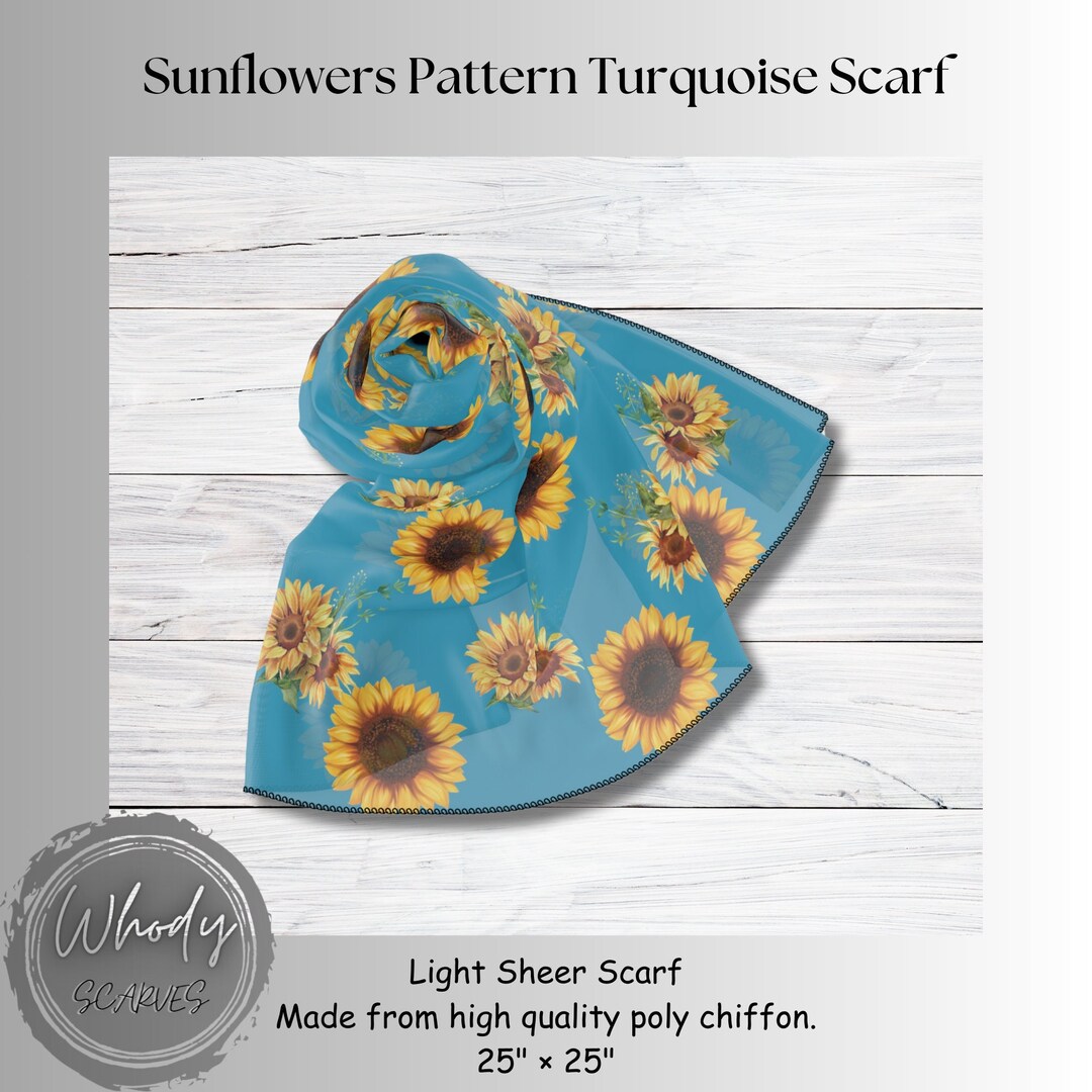 Sunflowers Pattern Turquoise Scarf, Light Sheer Scarf, Spring Scarf ...