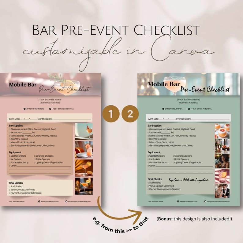Mobile Bar Pre-event Checklist Templates, Editable Bartending Business ...