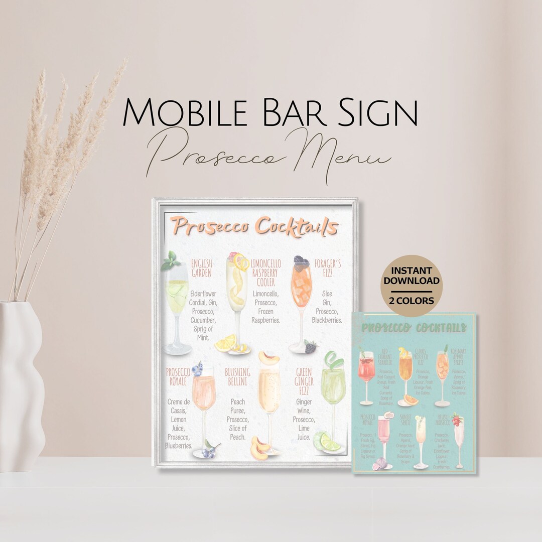 Mobile Bar Sign Templates, Printable Bartend Prosecco Cocktails Menu ...
