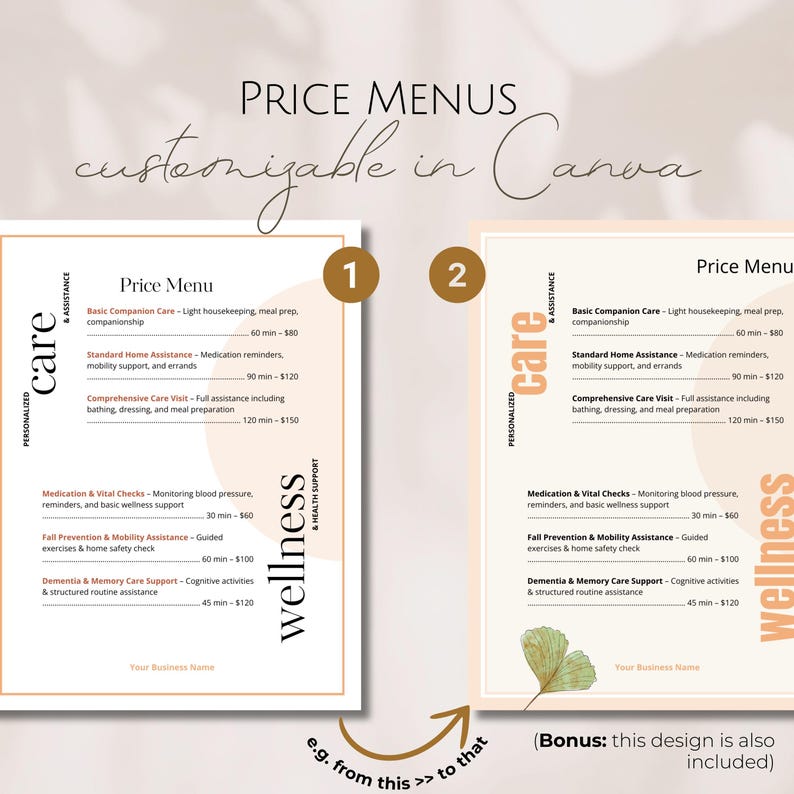 Elderly Care Price Menu Templates, Editable Business Forms, Elder ...