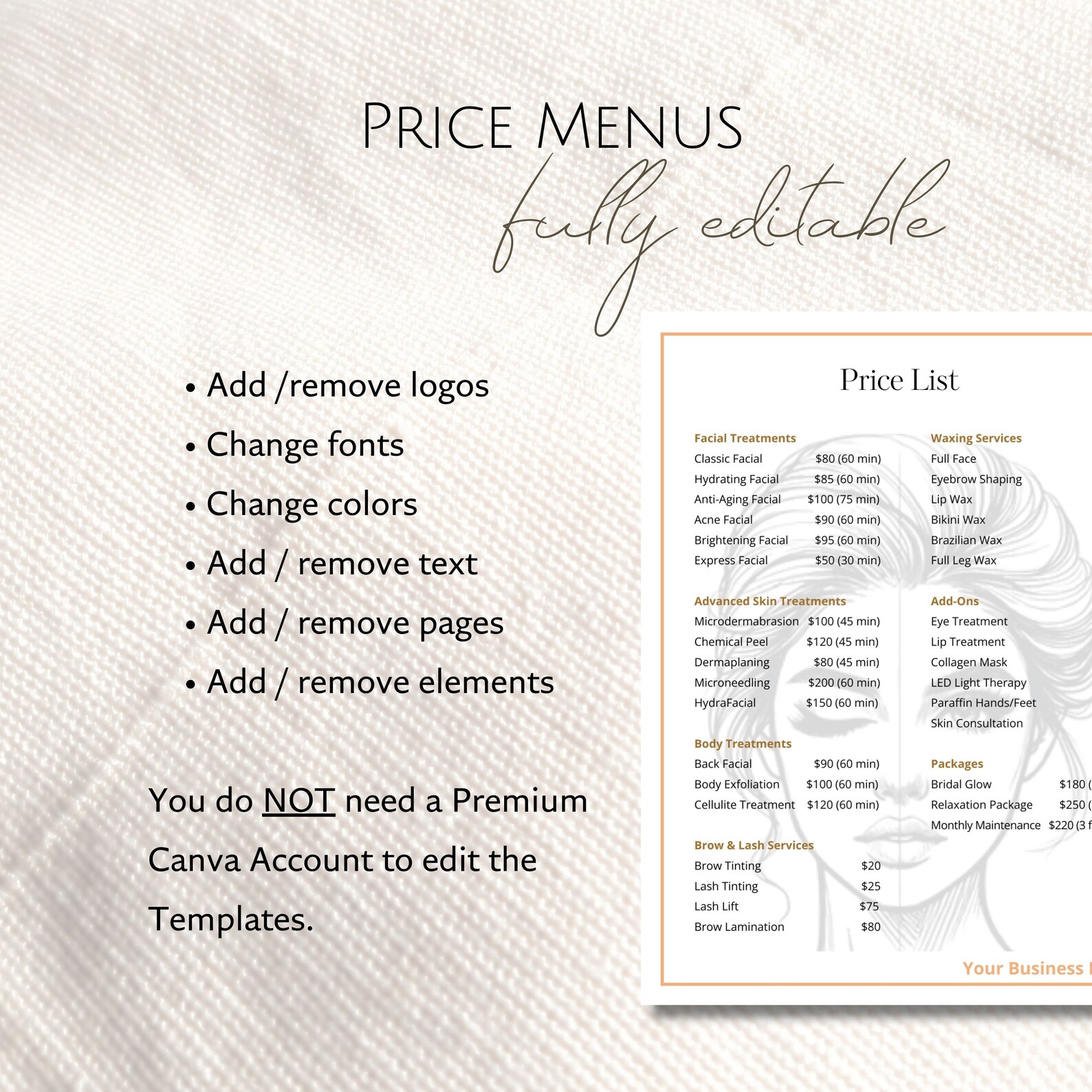 Esthetician Price List, Pricing Menu Templates, Beauty Salon ...