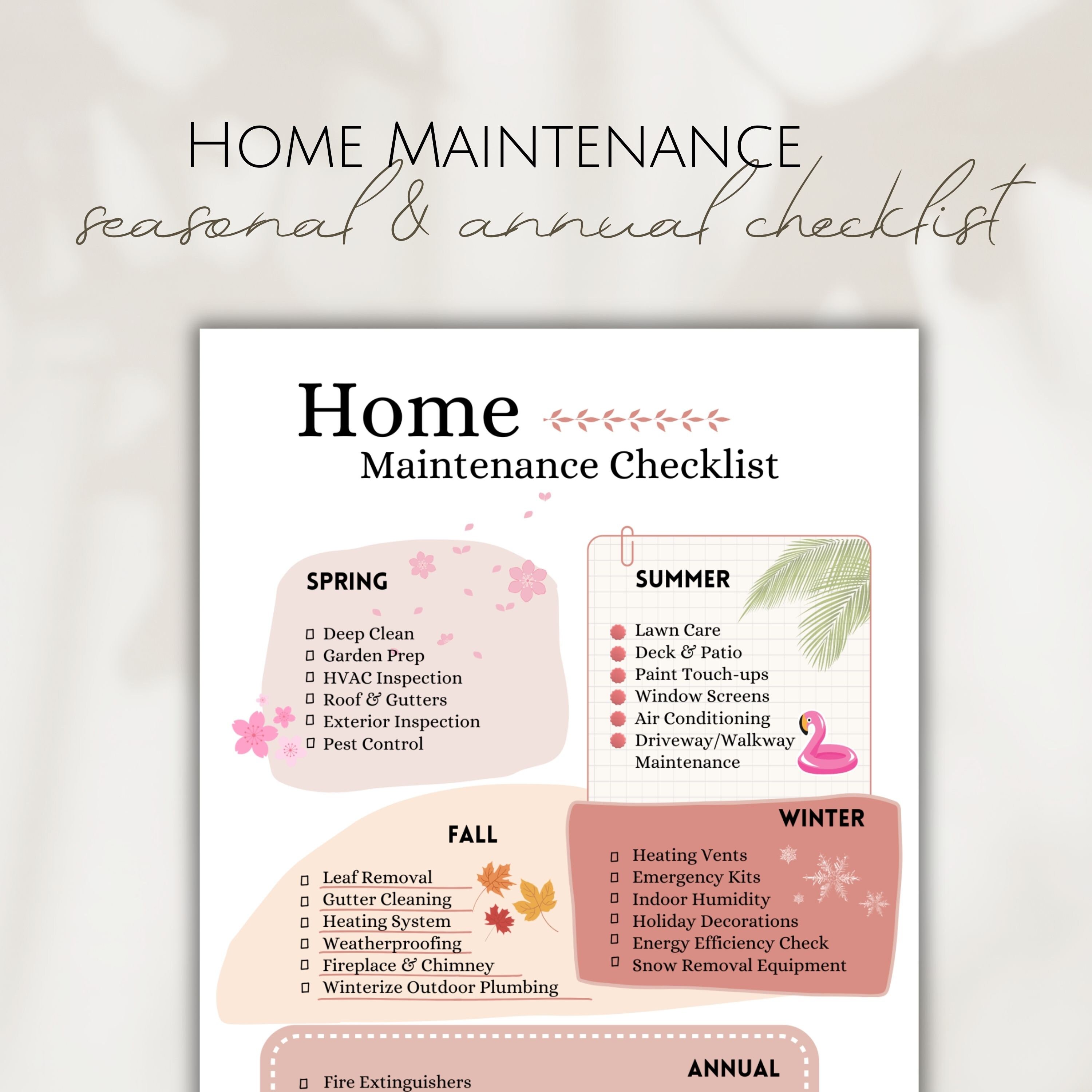 Home Maintenance Checklist, Printable Seasonal Planner, Annual ...