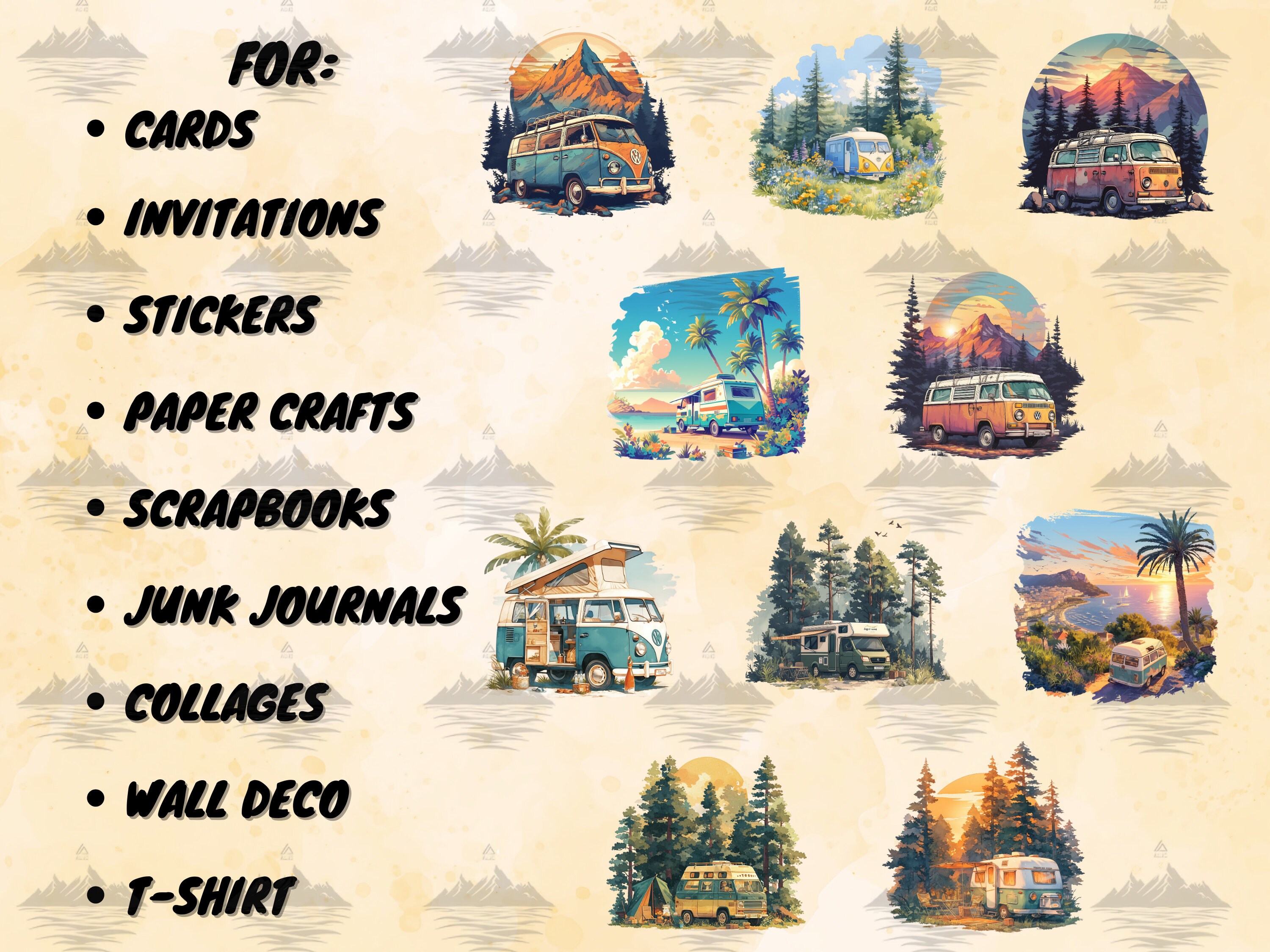 40 Watercolor Camper Vans Clipart, Adventure Van Clipart, Magical ...