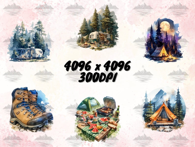 45 Watercolor Camping Clipart, Camping Sublimation PNG Bundle, Camp ...