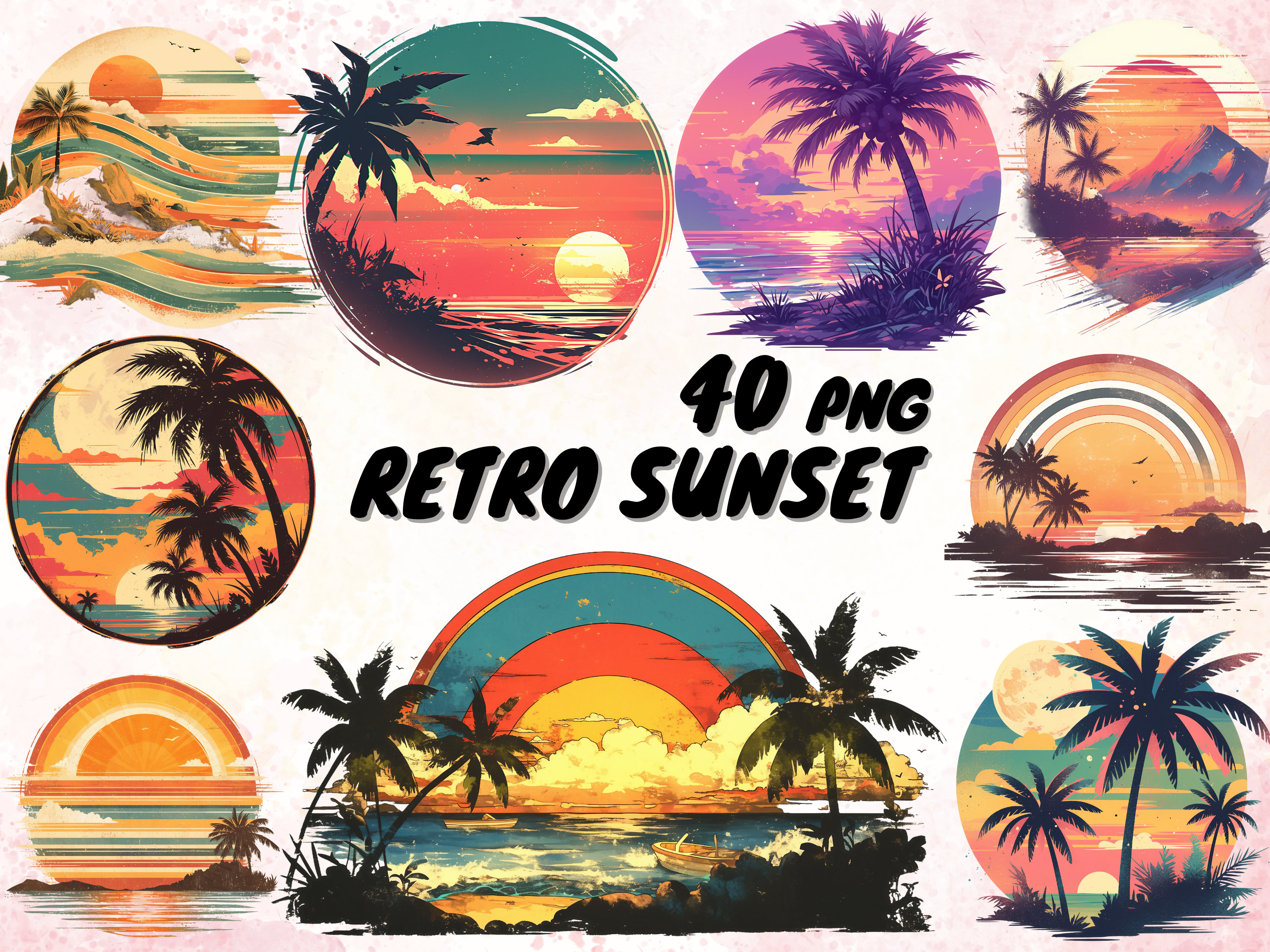40 Retro Sunset PNG Bundle,vintage Palm Tree Sunset,vintage Retro ...