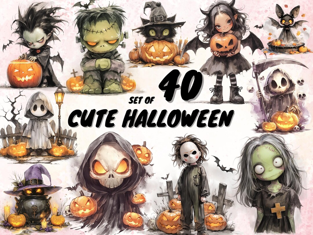 40 PNG Watercolor Cute Halloween Bundle Clipart, Kawaii Halloween ...