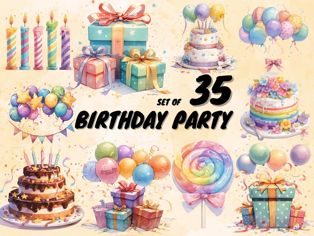 35 Watercolor Birthday Party Cake Present Balloons Clipart Bundle ...