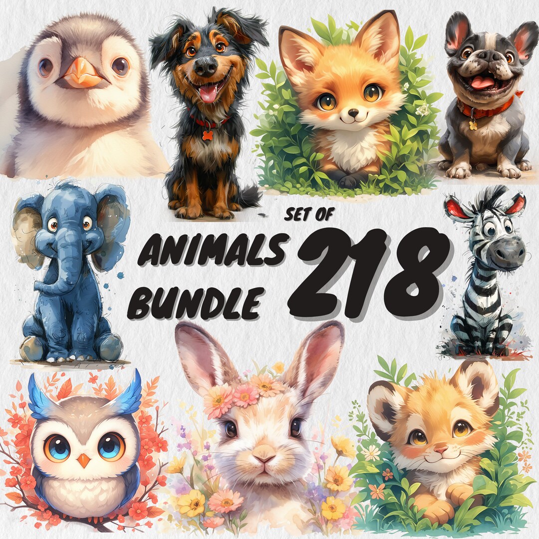 218 Watercolor Animals Mega Clipart Bundle, Safari, Zoo, Forest Animals ...